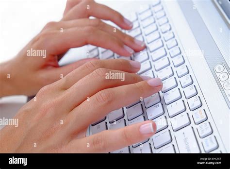 Keyboard Typing Female Texting On A White Laptop Keyboard Stock Photo Alamy