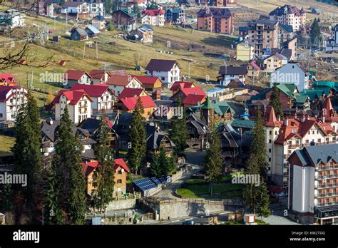 Houses Of Bukovel Ski Resort In Carpathian Mountains In Ukraine Stock