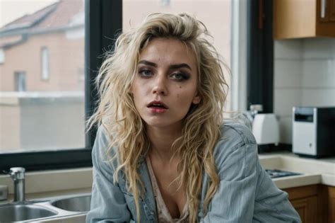 Portrait Of Pretty Drunk Blond Girl Sitting In The Kitchen Concept Of