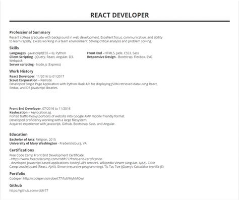 Junior Reactjs Developer Resume Samples React Resumes