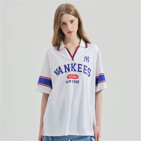 여성 바시티 스포츠져지 오버핏 카라 반팔 티셔츠 반팔카라티셔츠 Mlb