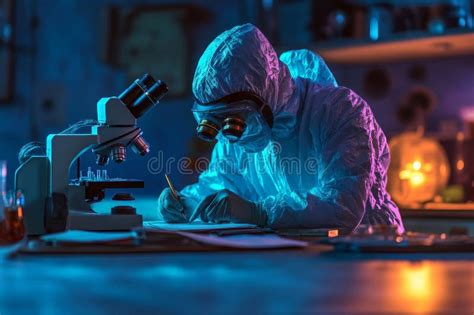 A Scientist In Protective Equipment Writing Notes At A Lab Bench While