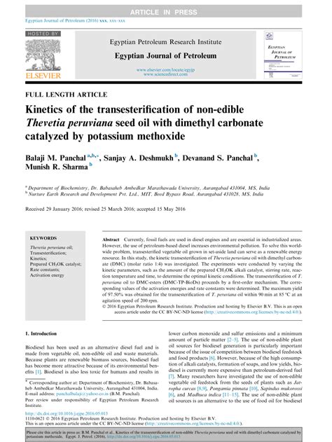 Pdf Kinetics Of The Transesterification Of Non Edible Thevetia