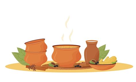 그릇 만화 그림에서 뜨거운 Masala 차입니다 전통적인 인도 음료 향기로운 매운 혼합 평면 색상 개체 레스토랑 음료