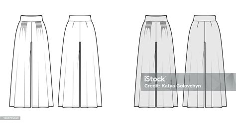 낮은 허리 상승 주름 발목 자른 길이 솔기 포켓이 있는 팬츠 가우초 테크니컬 패션 일러스트 플랫 0명에 대한 스톡 벡터 아트 및 기타 이미지 Istock