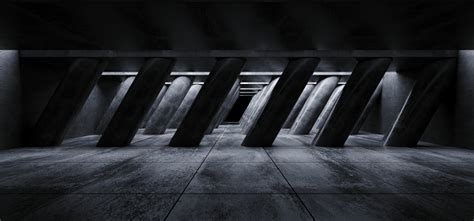 공상 과학 소설 콘크리트 그런 지 외계인 우주선 기울어진 모양의 거 대 한 열 어두운 타일 홀 차고 지 하 갤러리 룸 터널 복도 현실적인 배경 3d 렌더링 0명에 대한 스톡