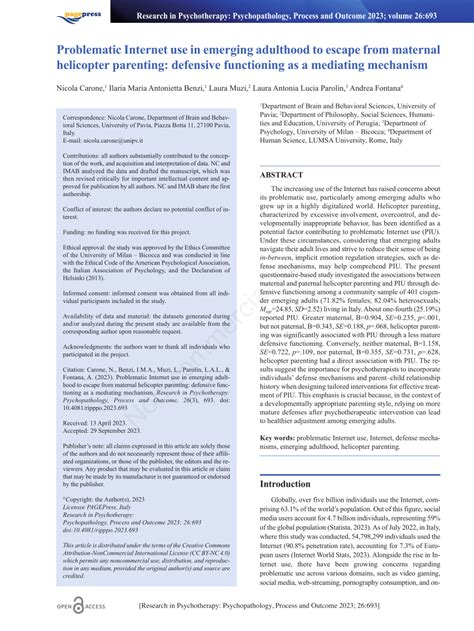 Pdf Problematic Internet Use In Emerging Adulthood To Escape From Maternal Helicopter