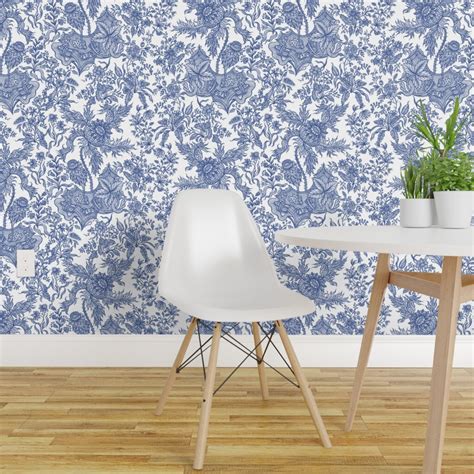 Peel And Stick Wallpaper 2ft Wide Blue White Chintz Floral Antique Cobalt