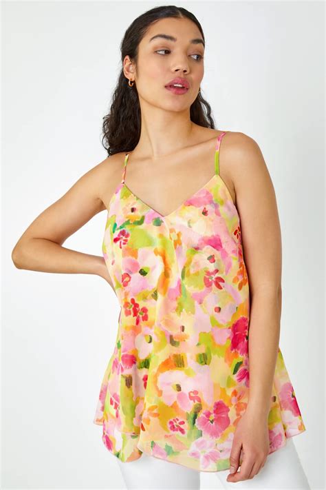 Pink Floral Print Double Layer Cami Top Roman Uk