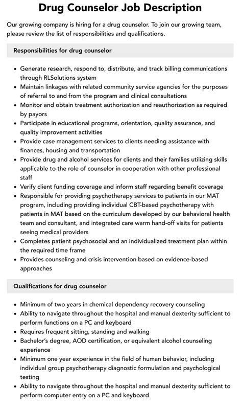 Drug Counselor Job Description Velvet Jobs