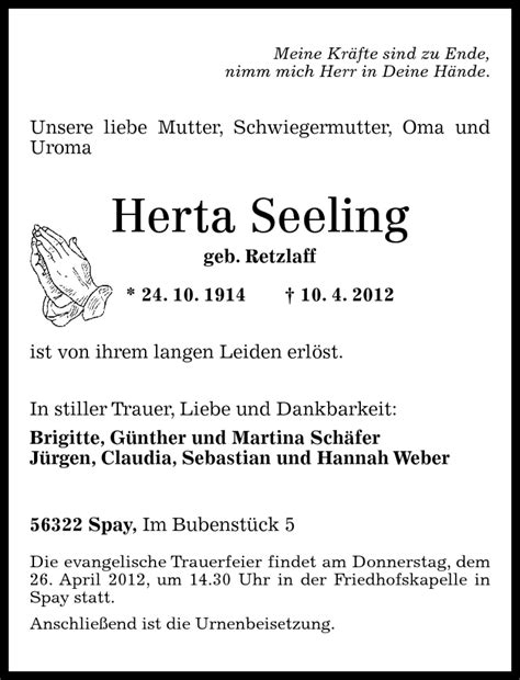 Traueranzeigen Von Herta Seeling Rz Trauerde