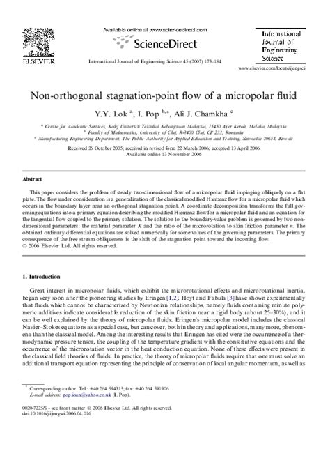 Pdf Non Orthogonal Stagnation Point Flow Of A Micropolar Fluid Ali Chamkha And Yian Yian Lok