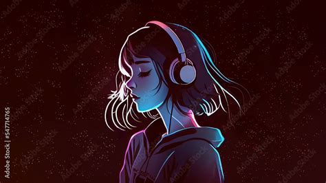 Beautiful Anime Girl Listening To Lofi Hip Hop Music With Headphones