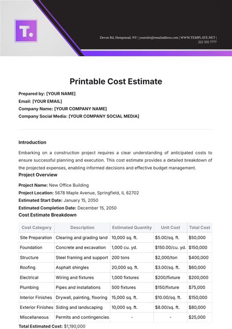Free Cost Summary Sheet Template To Edit Online