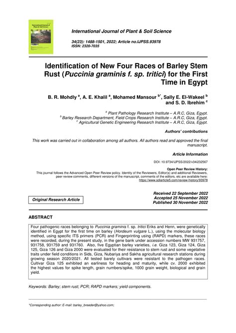 Pdf Identification Of New Four Races Of Barley Stem Rust Puccinia Graminis F Sp Tritici