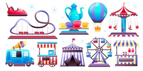 El Set De Dibujos Animados Del Parque De Atracciones Vector Premium