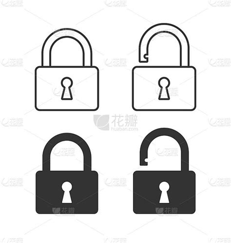 锁定和解锁图标。挂锁打开和关闭的标志。登录和注销符号。安全访问的标志。矢量插图形象。黑色剪影形状孤立素材 花瓣网