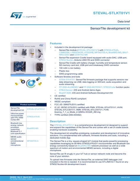 Steval Stlkt V Sensortile Development Kit Data Brief