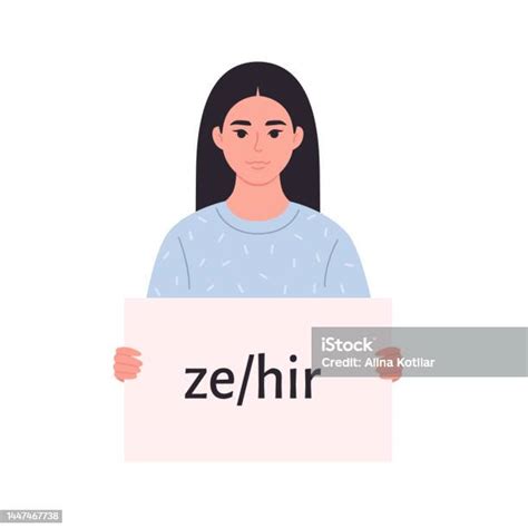 성별 대명사로 기호를 들고 있는 젊은 아시아 여성 그녀 그 그들 논바이너리 성 중립 운동 Lgbtq 커뮤니티 손으로 그린 벡터