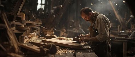 Skilled Carpenter Working In A Rustic Workshop Surrounded By Tools