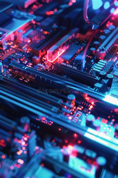 Close Up View Of A Computer Motherboard With Various Components And Wires Stock Image Image Of