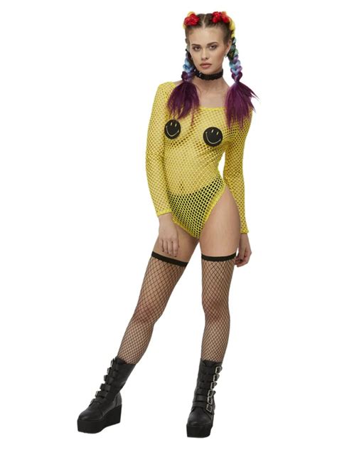 Smiley Fishnet Bodysuit Ladies Fancy Dress Costume