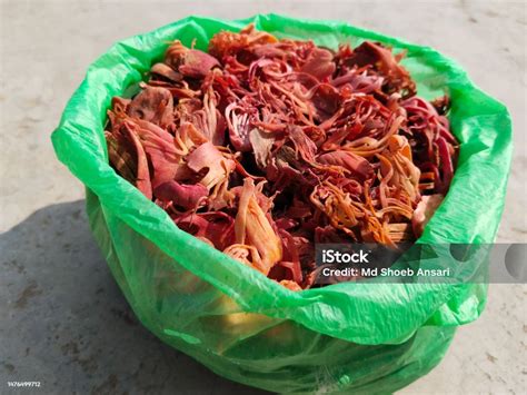 Plastic Bag Full Of Mace Masala Closeup Of Organic Mace On Yellow Background Pile Of Indian