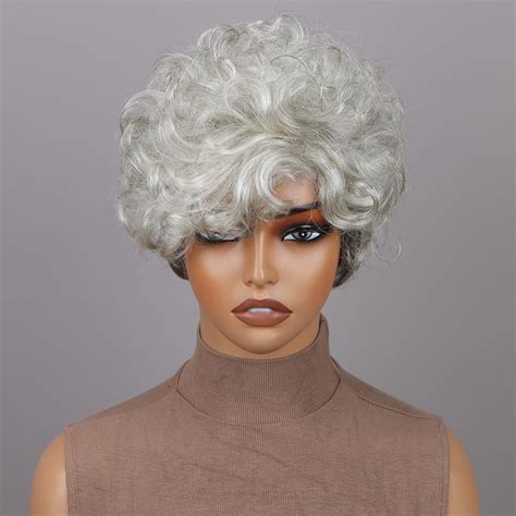 Silver Grey Human Hair Wigs Seniors Short Curly Pixie Cut Wig Glueless