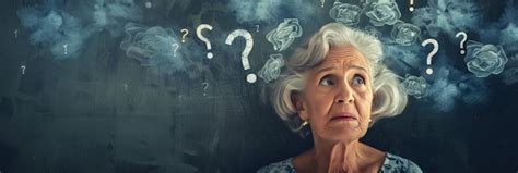 Confused Senior Woman With Question Marks Forgetfulness And Memory Loss