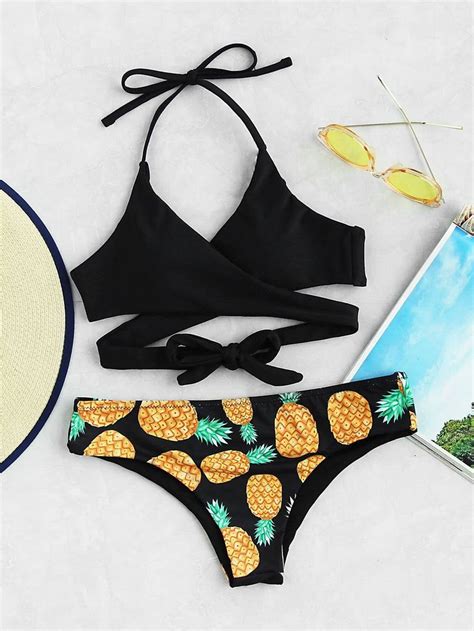 Black Pineapple Print Halter Wrap Mix Match Bikini Set Bikini Modells