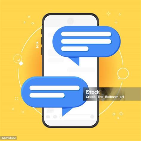 노란색 배경에 휴대 전화 채팅 알림 메시지 컬러 배경 스마트 폰 및 채팅 음성 거품 온라인 대화의 개념 이야기 대화에 고립 된 벡터 일러스트 개념에 대한 스톡 벡터 아트 및