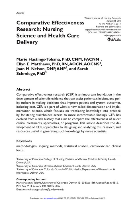 Pdf Comparative Effectiveness Research Nursing Science And Health