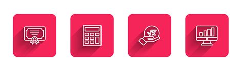 설정 라인 인증서 템플릿 계산기 X 글리프의 제곱근 및 긴 그림자가 있는 그래프 차트가 있는 컴퓨터 모니터 빨간색 사각형