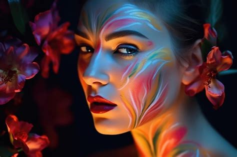 Premium Photo Sensual Woman With Body Art And Colored Eyes And Lips