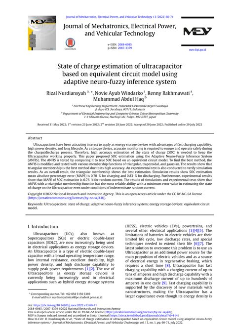 Pdf State Of Charge Estimation Of Ultracapacitor Based On Equivalent Circuit Model Using