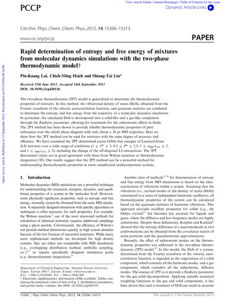 Pdf Rapid Determination Of Entropy And Free Energy Of Mixtures From