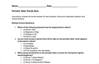 Periodic Table Trends Quiz Group And Period Trends Tpt