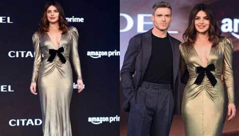 Priyanka Chopra Stuns In Plunging Neckline Golden Gown Poses With