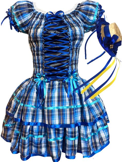 Vestido Festa Junina Caipira Xadrez Adulto Azul Moda Junina
