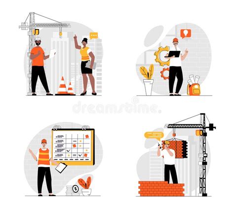 Construction Engineer Concept With Character Set Vector Illustrations