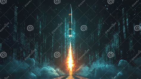 Rocket Launches Upward With Digital Binary Code Symbolizing Innovation