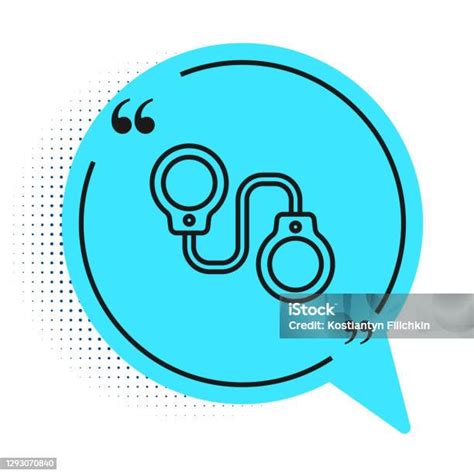 흰색 배경에 격리 된 검은 줄 수갑 아이콘 파란색 음성 버블 기호입니다 벡터 강철에 대한 스톡 벡터 아트 및 기타 이미지