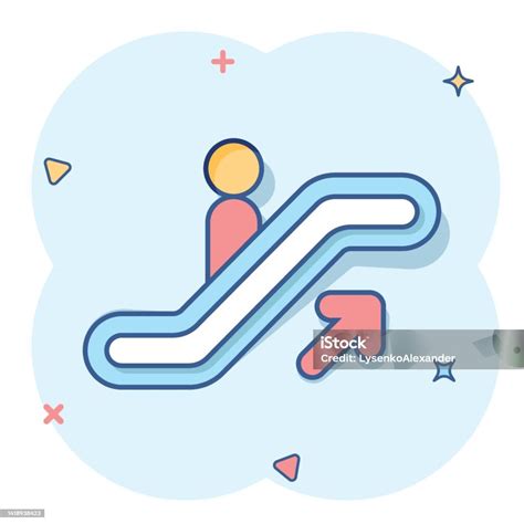 코믹 스타일의 벡터 만화 에스컬레이터 엘리베이터 아이콘 에스컬레이터 사인 일러스트 픽토그램 엘리베이터 비즈니스 스플래시 효과