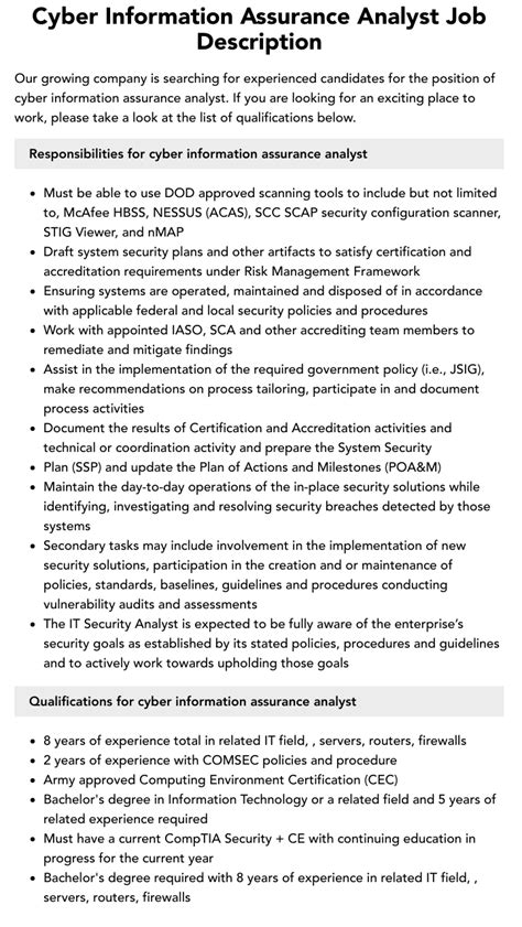 Cyber Information Assurance Analyst Job Description Velvet Jobs