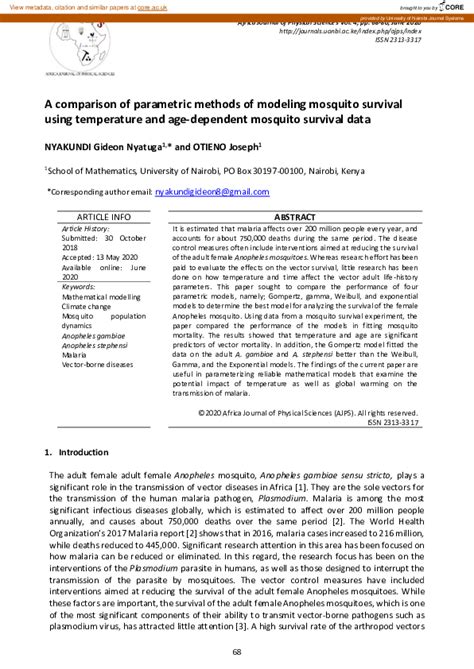 pdf a comparison of parametric methods of modeling mosquito survival
