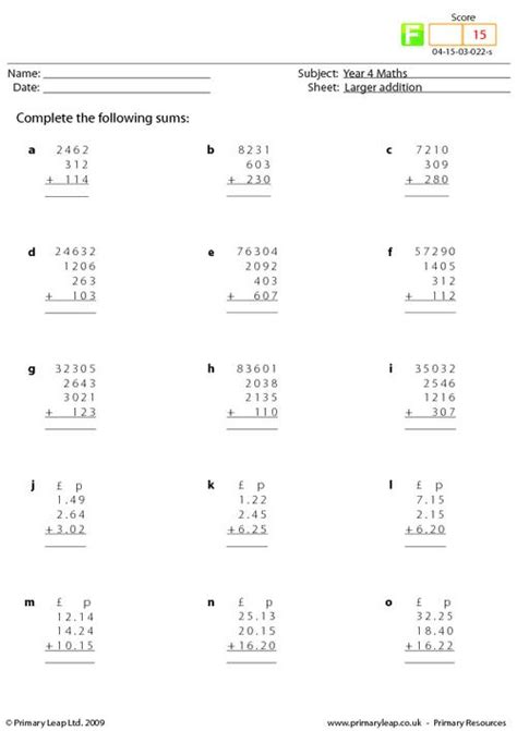 Numeracy Horizontal Addition Worksheet Uk