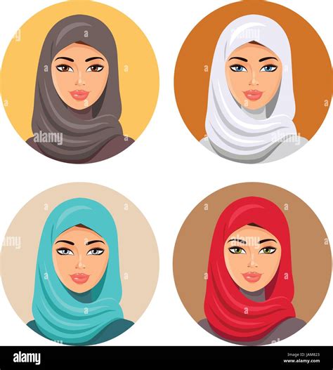 Beautiful Muslim Woman Icons Set Female Portrait In Hijab Vector