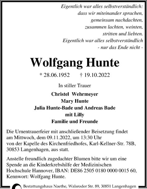 Traueranzeigen Von Wolfgang Hunte Trauer Anzeigen De