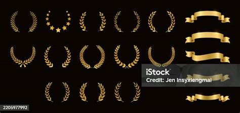 최우수 수상 메가 세트 벡터 골드 어워드 월계관 세트 우승자 레이블 잎 기호 승리 승리 및 성공 삽화 세트 Championship에 대한 스톡 벡터 아트 및 기타 이미지