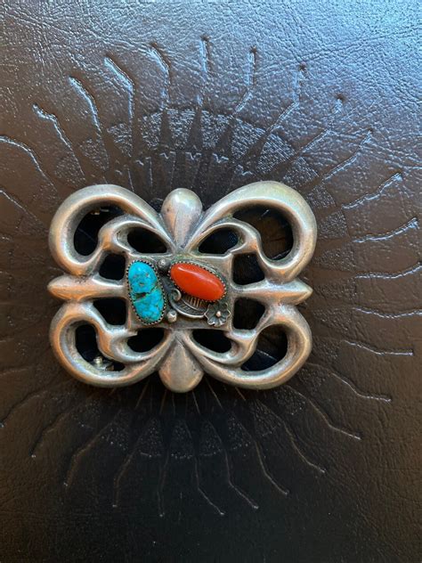 Vintage Sand Cast Sterling Silver Belt Buckle With Turquoise And Red